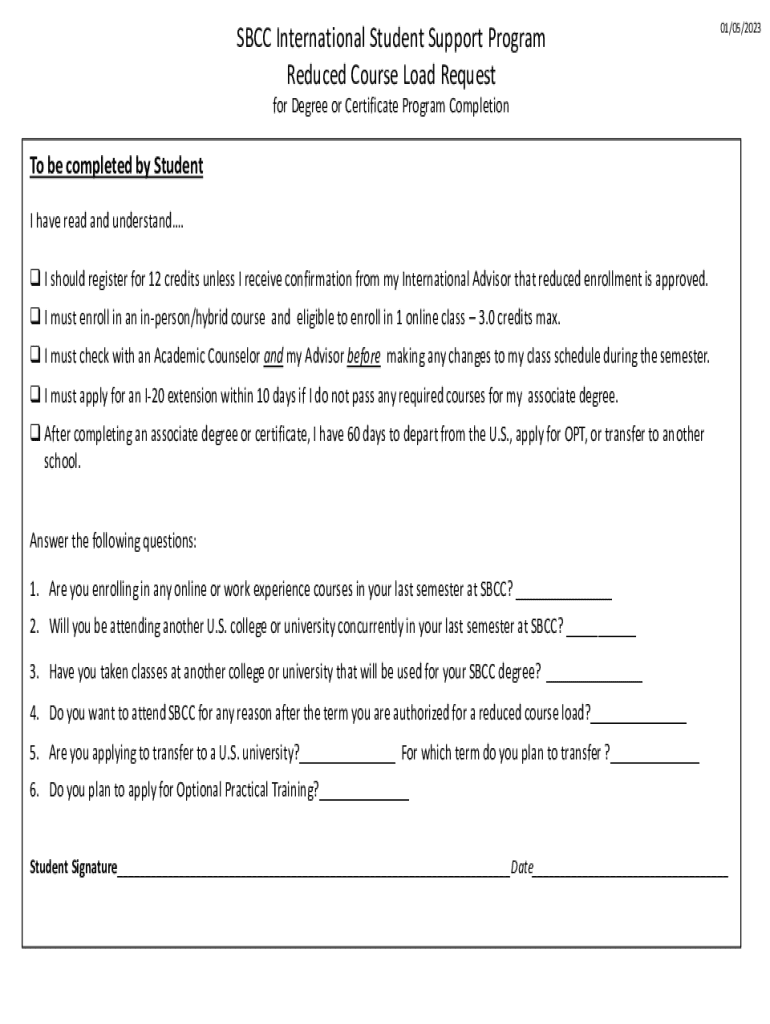 Fillable Online Sbcc Reduced Course Load Request for International ...