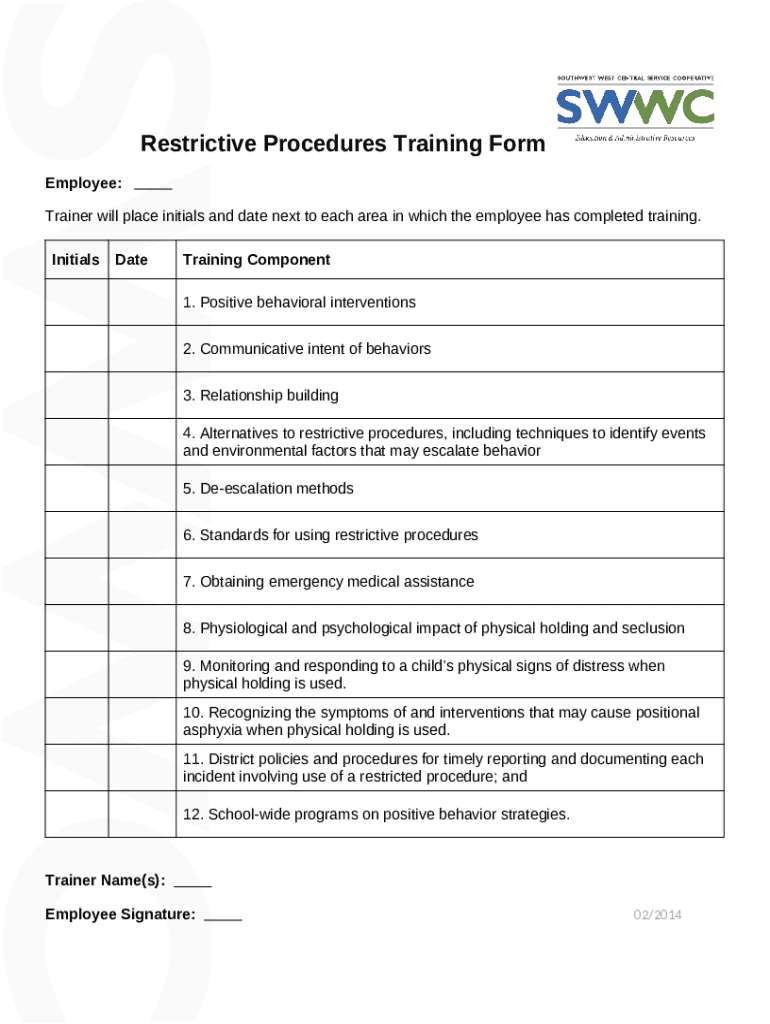 Restrictive Procedures Training Doc Template | pdfFiller