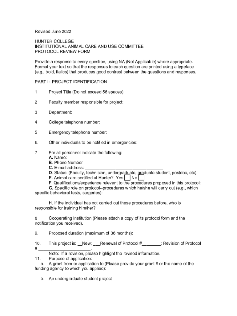 Fillable Online IACUC Protocol Review Form - Hunter College Fax Email ...