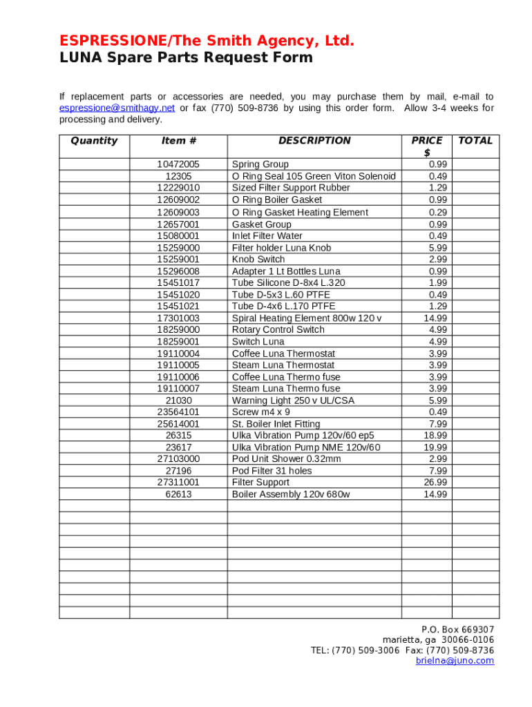 Luna Spare Parts Request Doc Template | pdfFiller