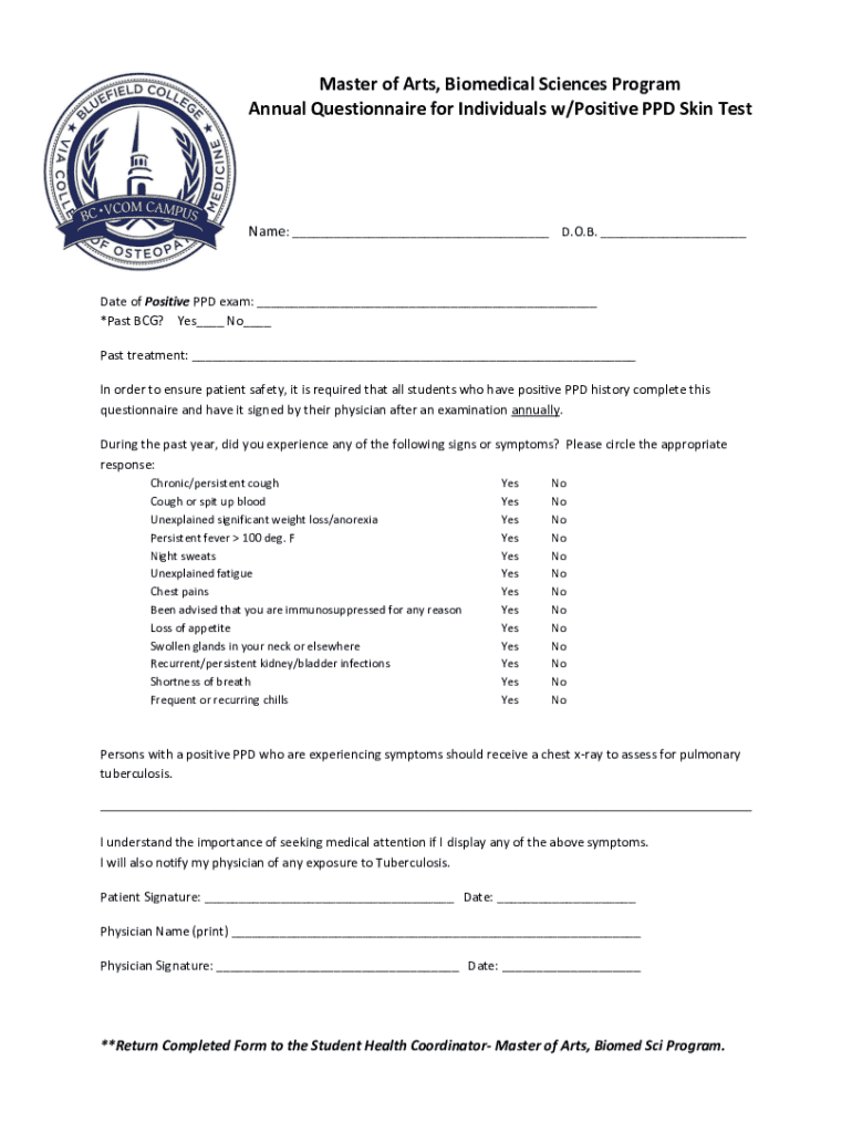 Fillable Online Annual Questionnaire Ppd Skin Test 2023 - Biomedical ...