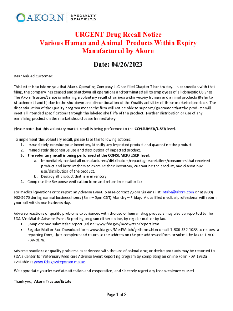 Fillable Online URGENT Drug Recall Notice Various Human and Animal ...