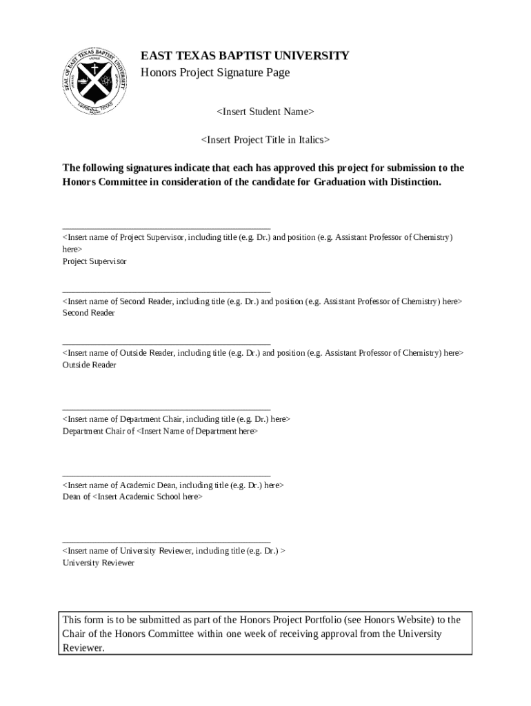 Honors Project Signature Page Doc Template | pdfFiller