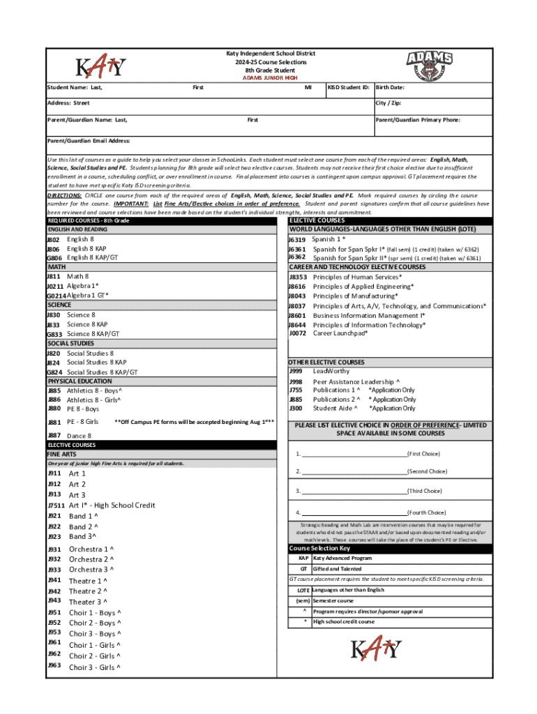 Fillable Online Katy Isd 8th Grade Course Selections Guide 2024-2025 ...