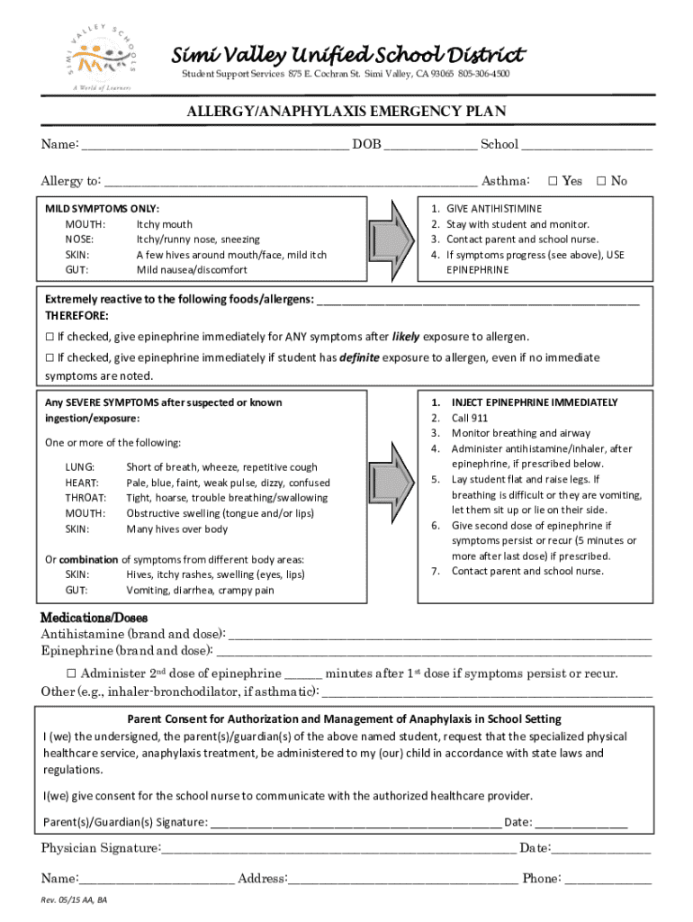 Fillable Online Allergy and Anaphylaxis Emergency Plan 2023 - Simi ...