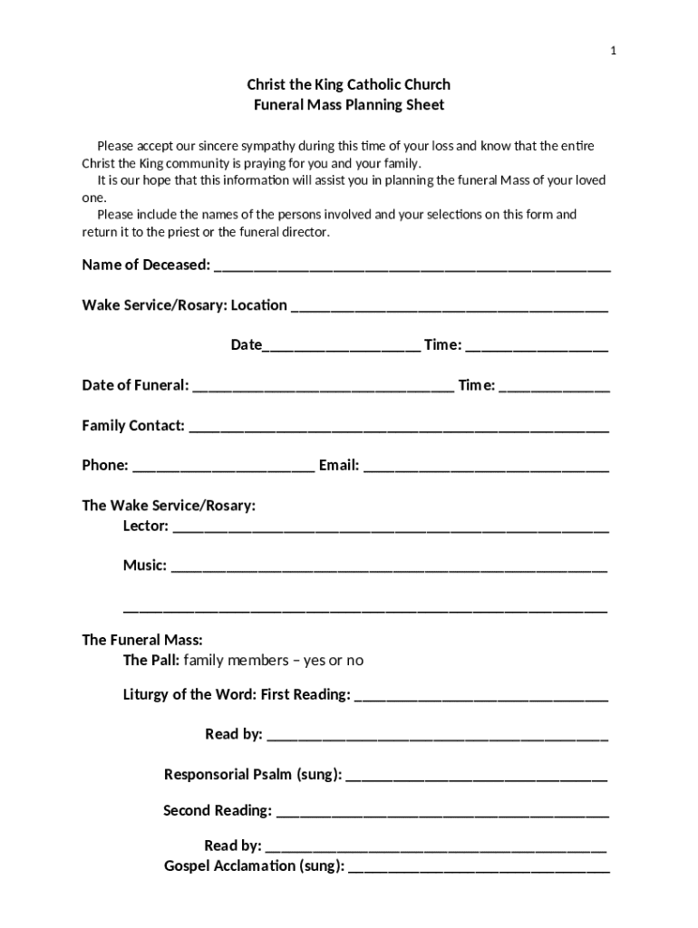 Funeral Mass Planning Sheet - j b5z Doc Template | pdfFiller