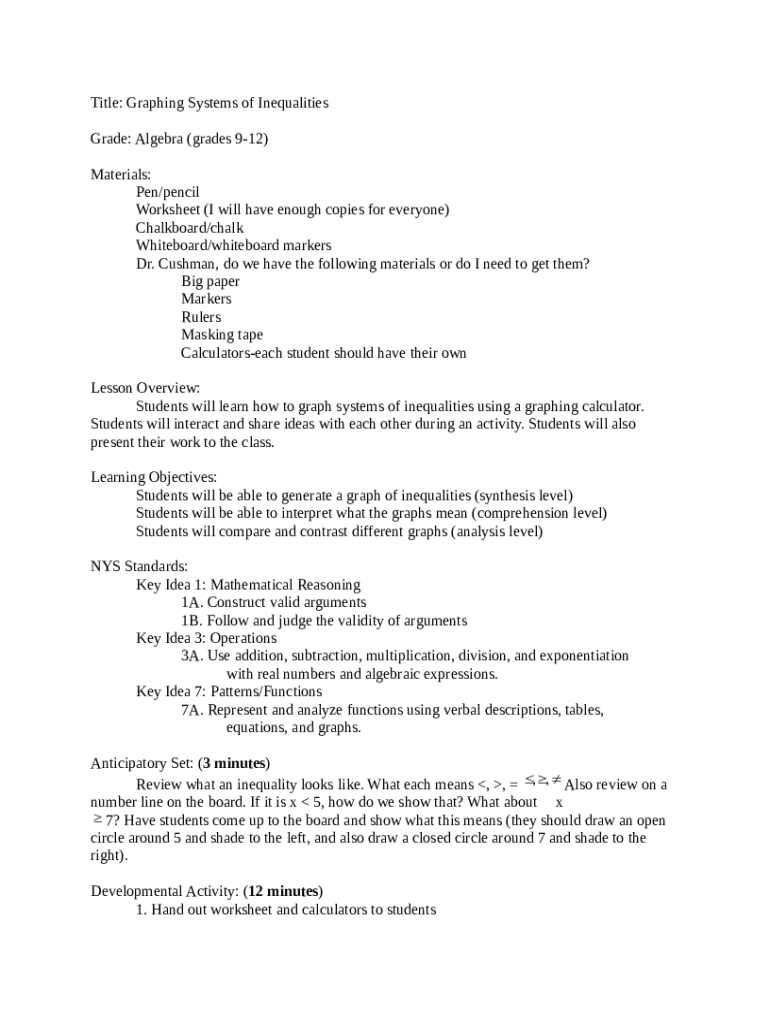 Lesson 12: Systems of Inequalities Word Problems Doc Template | pdfFiller