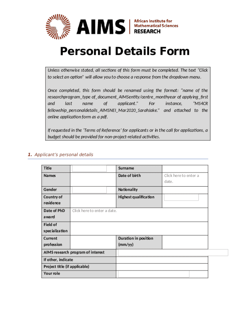 Personal Details Doc Template | pdfFiller