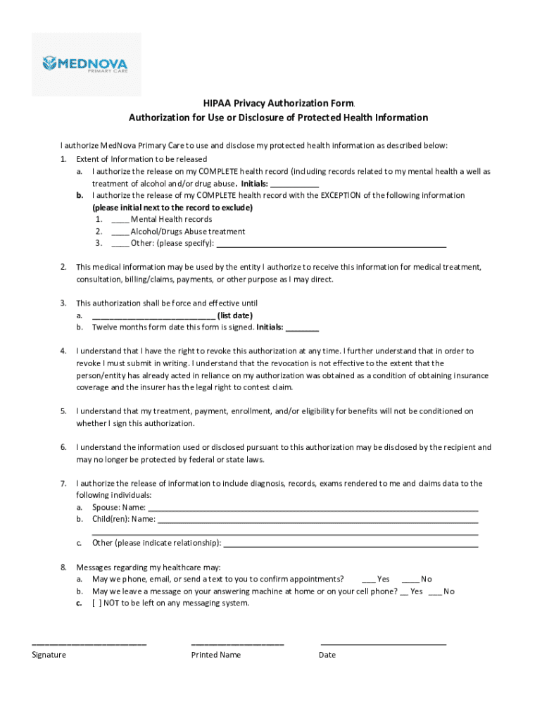 Fillable Online Hipaa Privacy Authorization Form - Mednova Primary Care ...