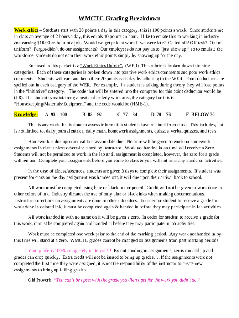 Wmctc Grading Breakdown Doc Template | pdfFiller