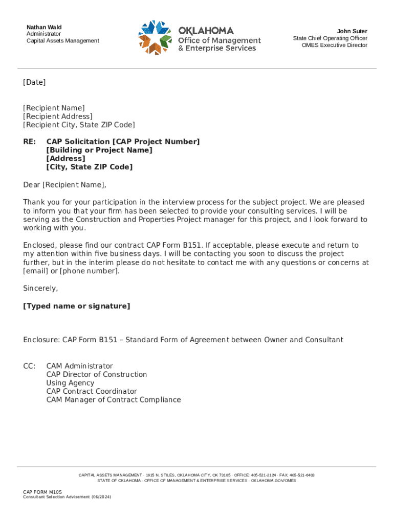 M105 Selection Notificaiton Letter. OMES-branded template for CSD communications Doc Template ...