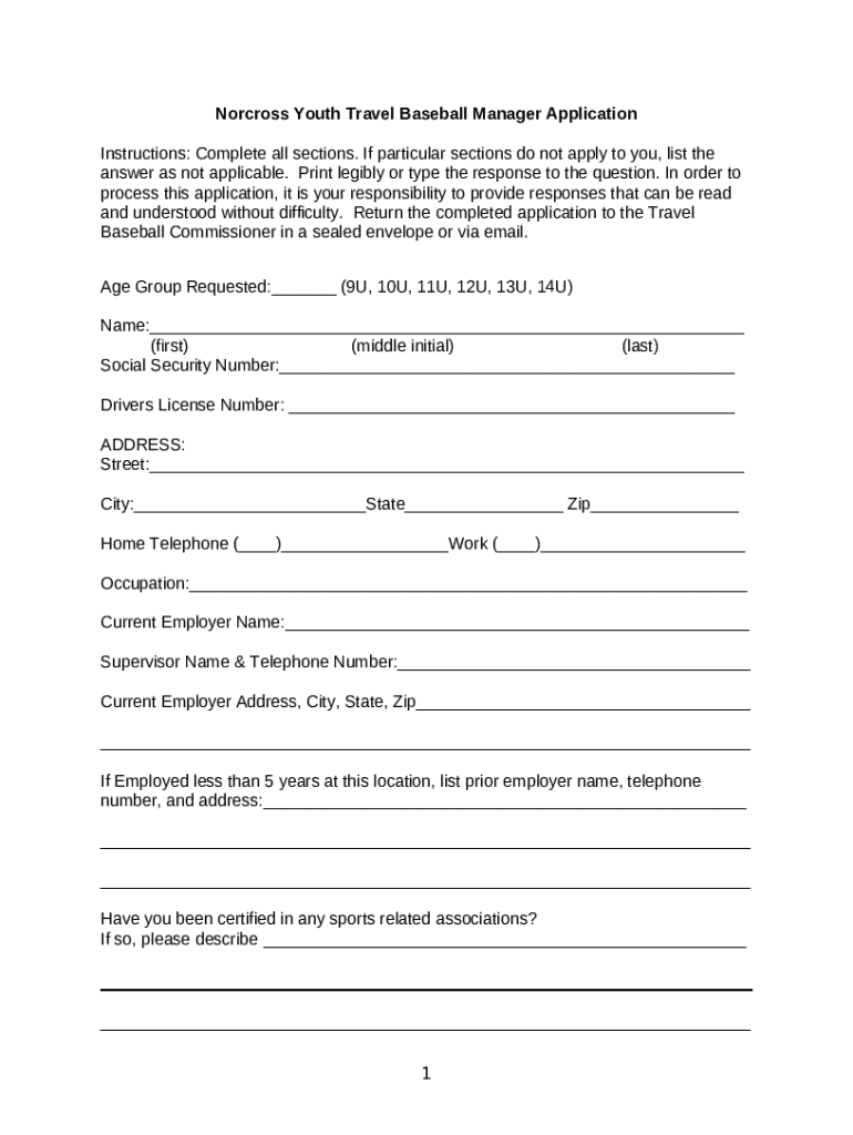 Norcross Youth Travel Baseball Manager Application Doc Template | pdfFiller