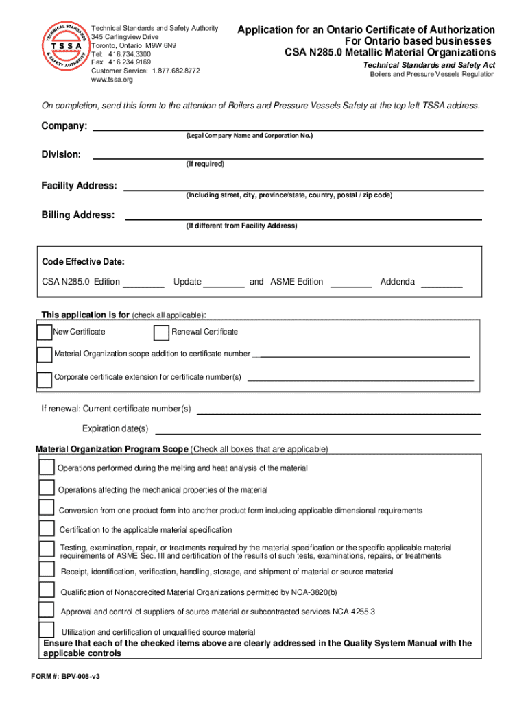 Fillable Online Ontario Certificate of Authorization Application for ...