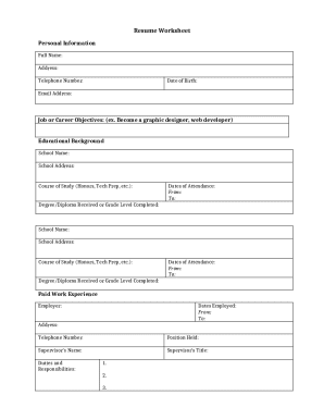 Resume Worksheet Doc Template | pdfFiller