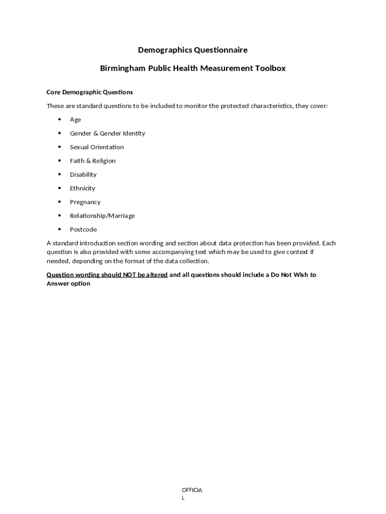 Demographics Questionnaire - Paper Doc Template | pdfFiller