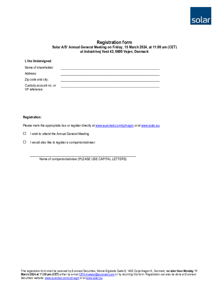 Fillable Online Solar a/s Annual General Meeting Registration Form 2024 ...