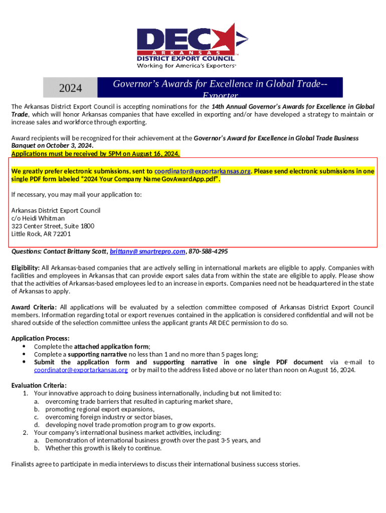 Governor’s Awards for Excellence in Global Trade Nomination Doc ...