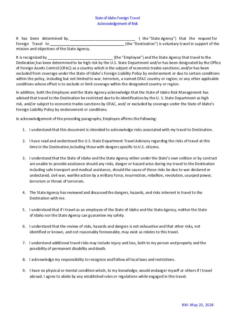 Fillable Online Idaho Foreign Travel Acknowledgement of Risk 2024 Fax ...