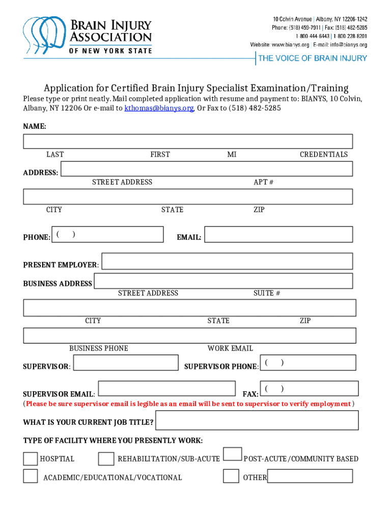 Application for Certified Brain Injury Specialist Examination/training Doc Template | pdfFiller