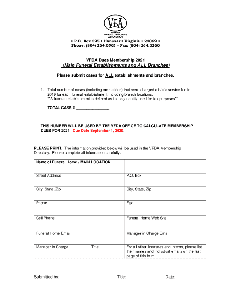 Fillable Online Vfda Dues Membership Submission 2021 Fax Email Print - pdfFiller