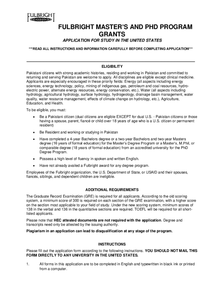 Fillable Online Fulbright Master's and Phd Program Grants Application for Study in the United ...