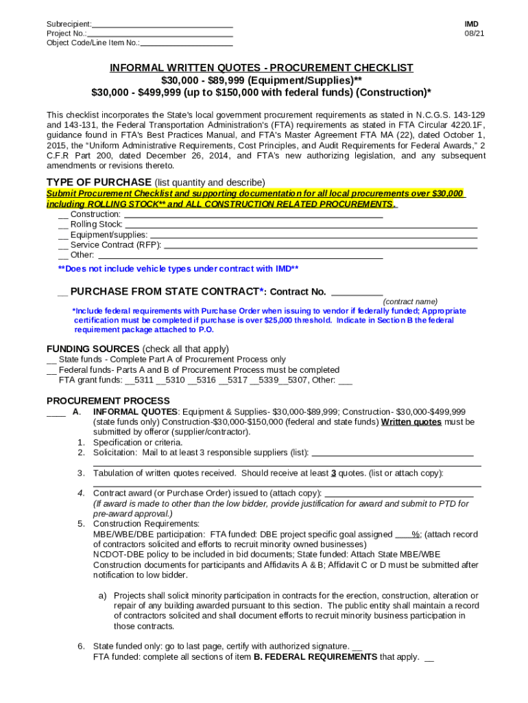Procurement Checklist - Inal Written Quotes. Procurement Checklist ...