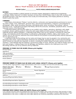 Rotary Club Photo/model/likeness Release Doc Template | pdfFiller