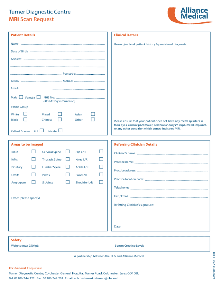 Fillable Online Turner Diagnostic Centre - MRI Scan Request - Alliance ...