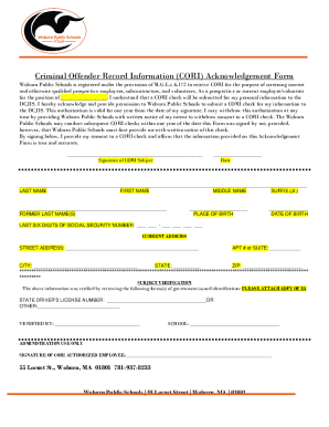 Fillable Online Cori Acknowledgement Form for Woburn Public Schools ...