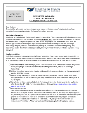 Fillable Online Radiologic Technology Program Admission Checklist 2023 Fax Email Print - pdfFiller