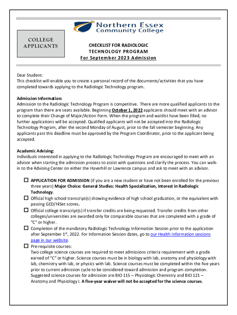 Fillable Online Radiologic Technology Program Admission Checklist 2023 ...