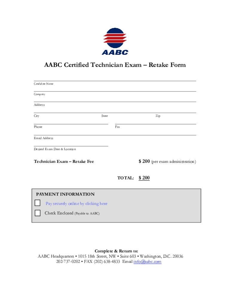 Fillable Online AABC Certified Technician ExamRetake Form Fax Email ...