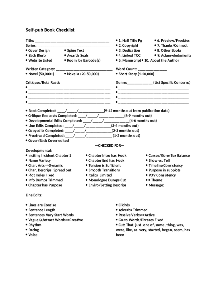 Self-pub Book Checklist Doc Template | pdfFiller