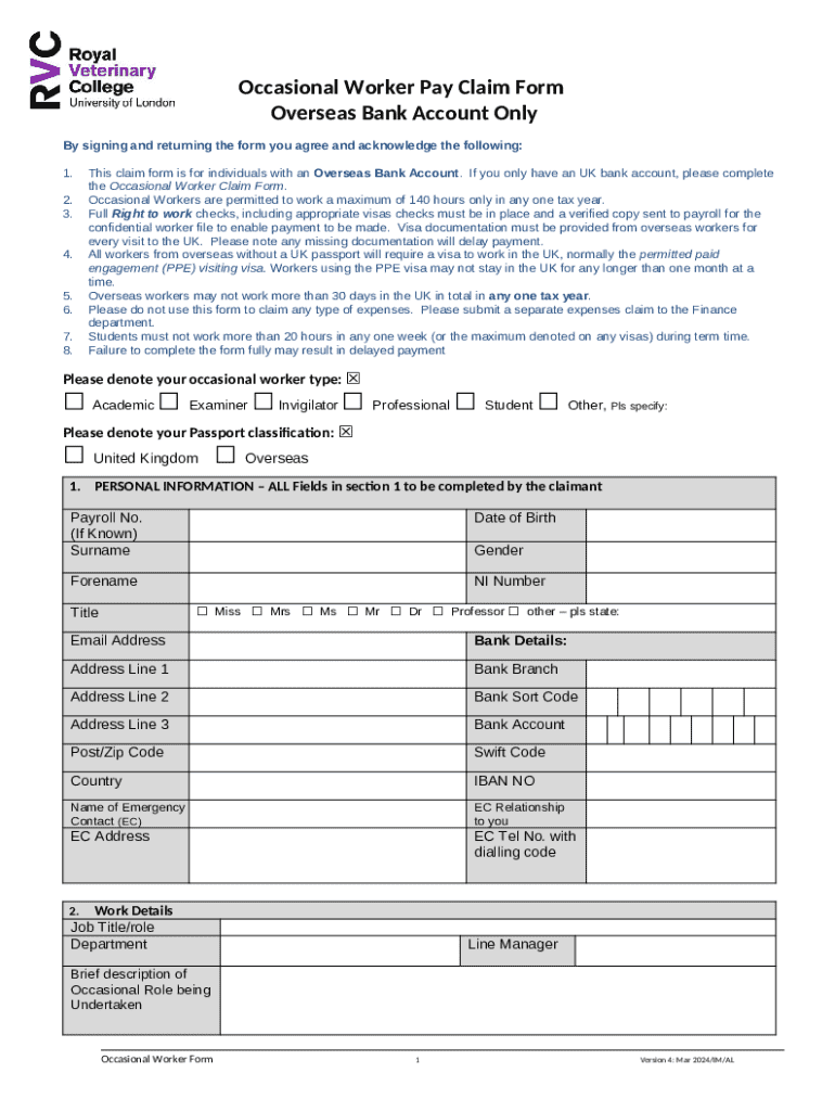 Occasional Worker Pay Claim Doc Template | pdfFiller