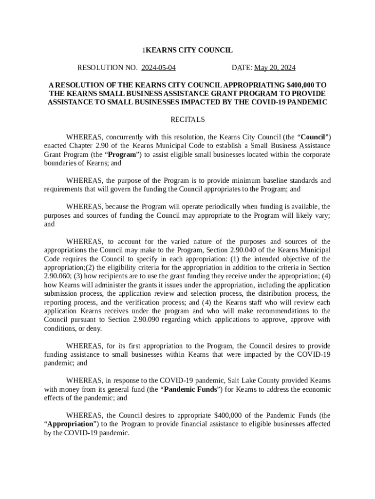 Kearns City Council Resolution 2024-05-04 Doc Template | pdfFiller