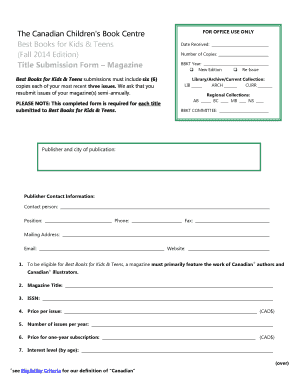 Fillable Online bookcentre Title Submission Form Magazine - Canadian Children's Book Centre Fax ...