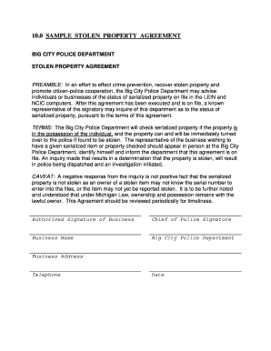 Fillable Online 0 SAMPLE STOLEN PROPERTY AGREEMENT Fax Email Print ...