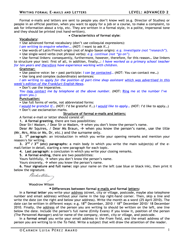 Fillable Online WRITING FORMAL E-MAILS AND LETTERS LEVEL: ADVANCED... Fax Email Print - pdfFiller