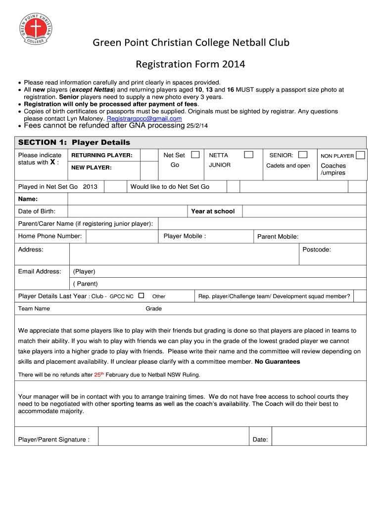 Fillable Online gpcc nsw edu 2014 GPCC Netball Club Registration Form ...