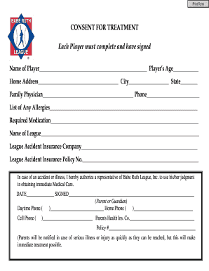 Fillable Online CONSENT FOR TREATMENT Each Player must complete... Fax ...
