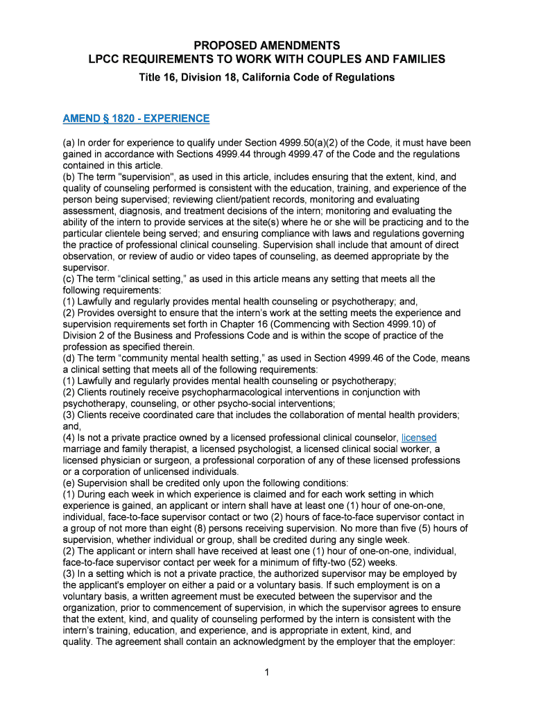 Fillable Online bbs ca Proposed amendments lpcc requirements to work with couples and - bbs ca ...