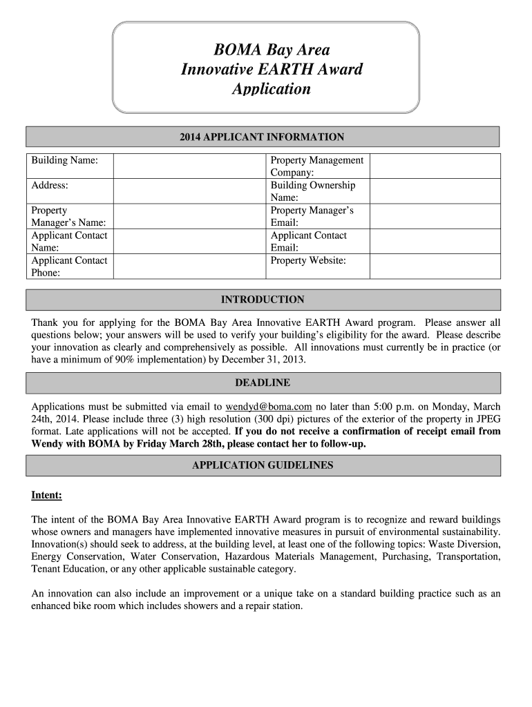 Fillable Online bomasf BOMA Bay Area Innovative EARTH Award Application ...