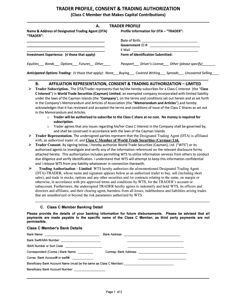 Fillable Online TRADER PROFILE, CONSENT & TRADING AUTHORIZATION Fax ...