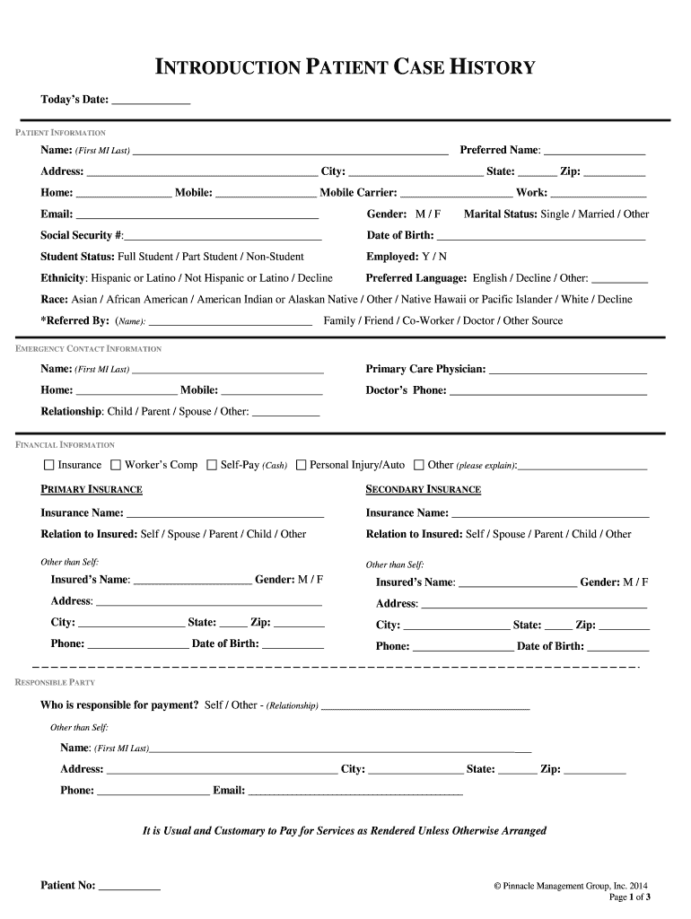 Fillable Online INTRODUCTION PATIENT CASE HISTORY - Perfect Patients ...