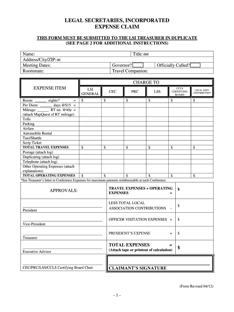 Fillable Online lsi LEGAL SECRETARIES, INCORPORATED EXPENSE CLAIM - LSI Fax Email Print - pdfFiller