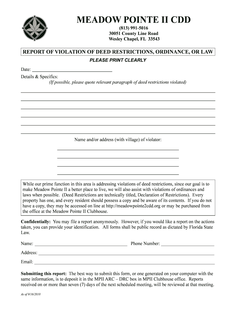 Fillable Online meadowpointe2cdd REPORT OF VIOLATION OF DEED ...