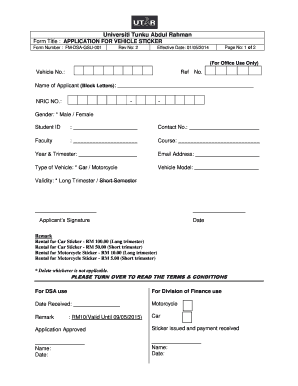 Fillable Online Form Title APPLICATION FOR VEHICLE STICKER Fax Email ...