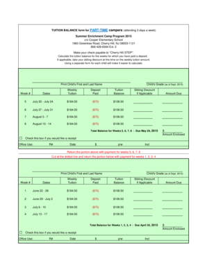 Fillable Online chclc TUITION BALANCE form for PART-TIME campers ...