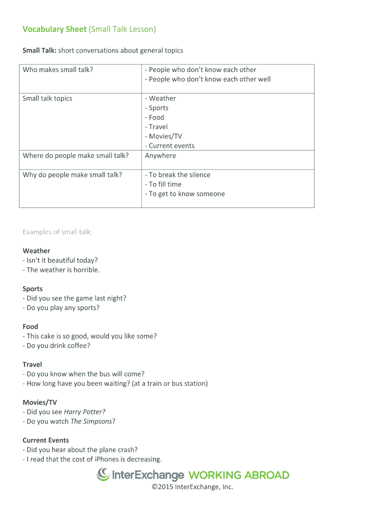 Fillable Online interexchange Vocabulary Sheet Small Talk Lesson ...