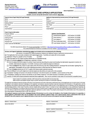 Fillable Online franklinwi Variance & Appeals Application for the City of Franklin, WI - 2015 ...